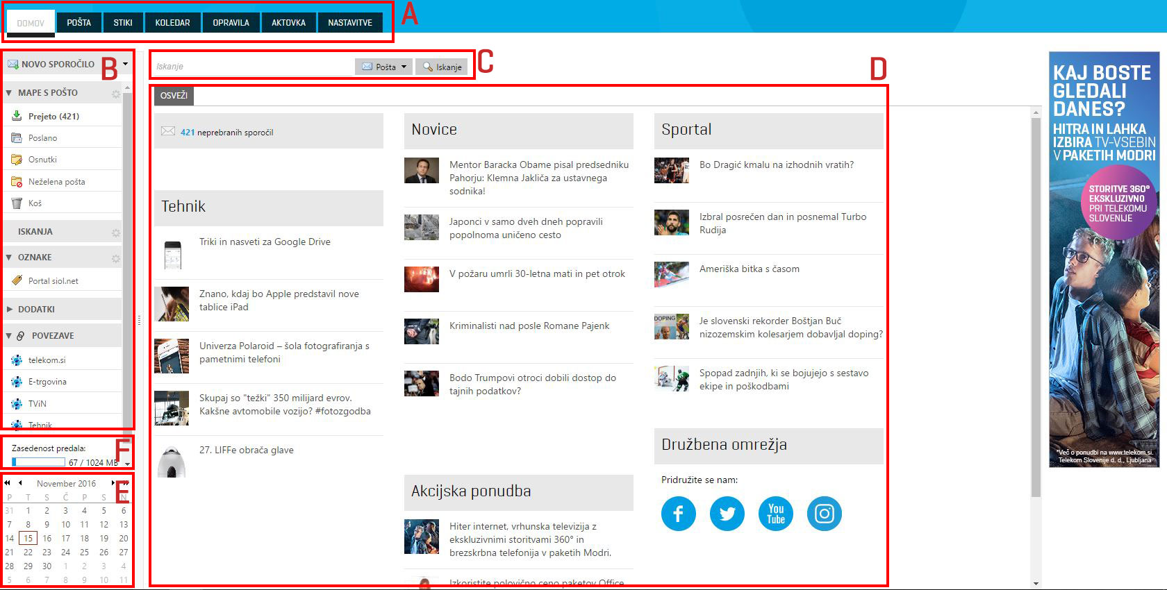 Vmesnik spletne pošte - Telekom Slovenije