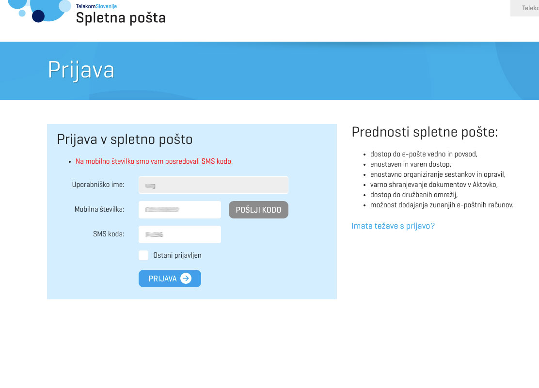 Prijava v spletno pošto - Telekom Slovenije