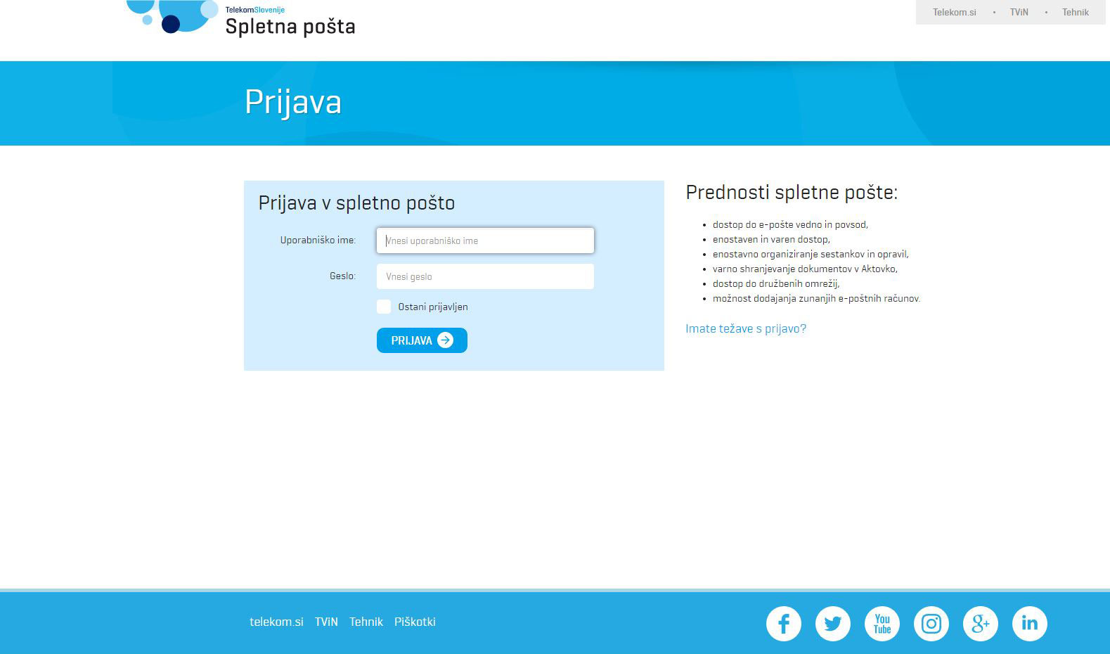Prijava v spletno pošto - Telekom Slovenije